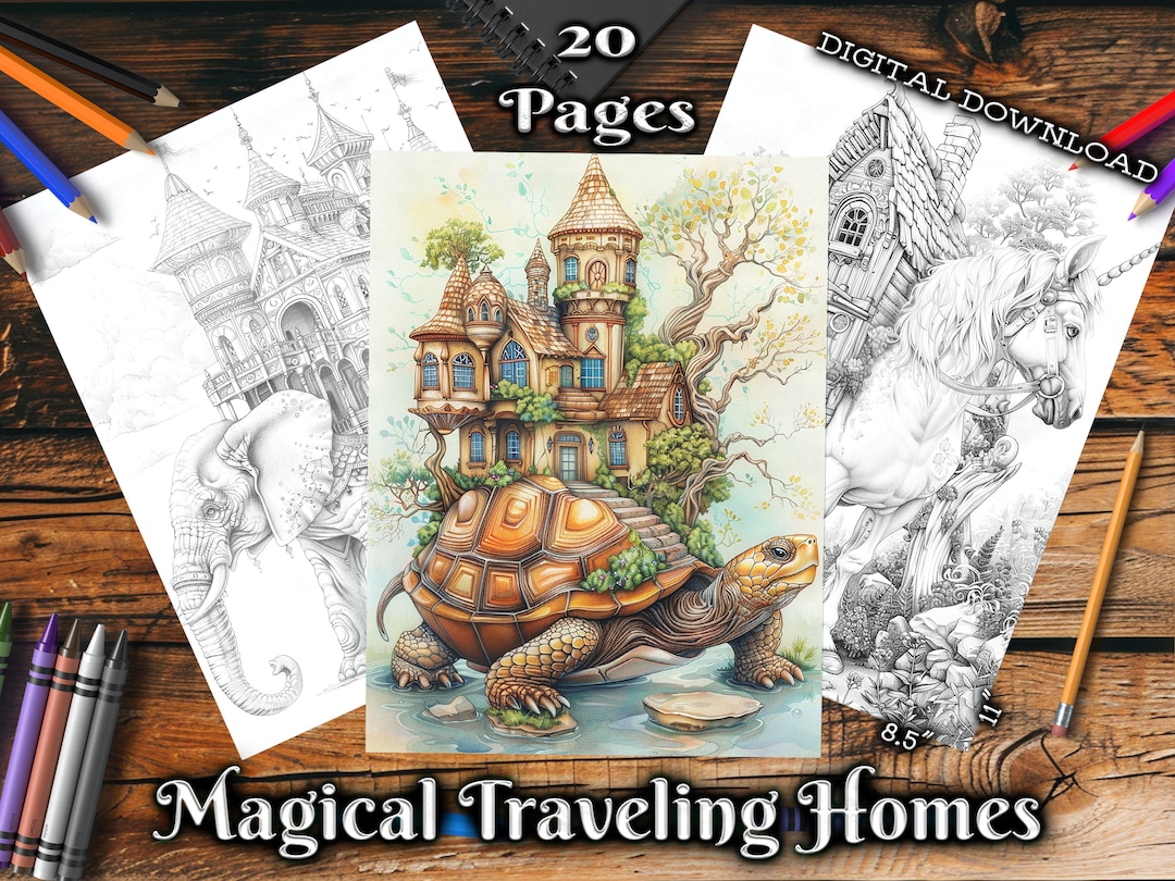 Magical Traveling Homes Adult Coloring Pages, Whimsical Animals ...
