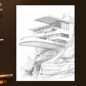 Modern Cliff Houses Adult Coloring Pages, Nature Landscape Grayscale ...