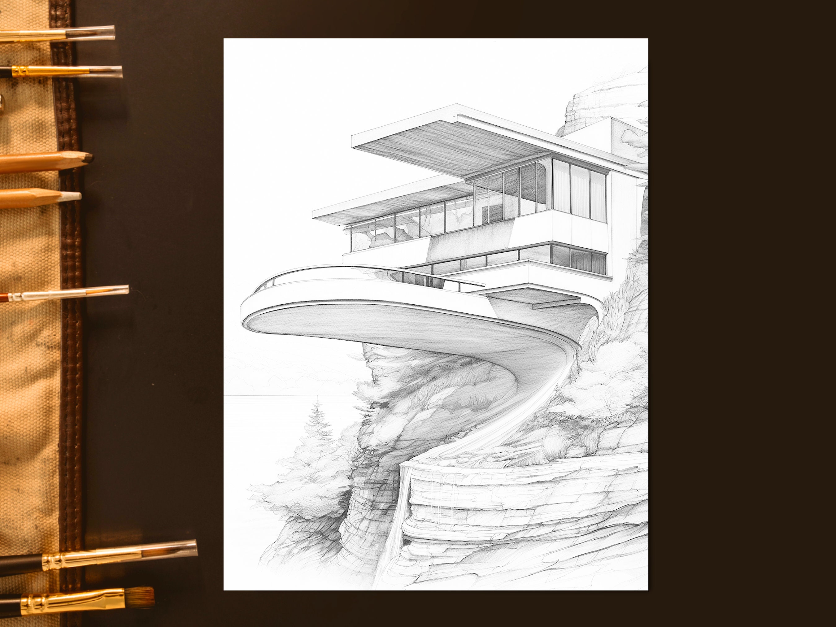 Modern Cliff Houses Adult Coloring Pages, Nature Landscape Grayscale ...