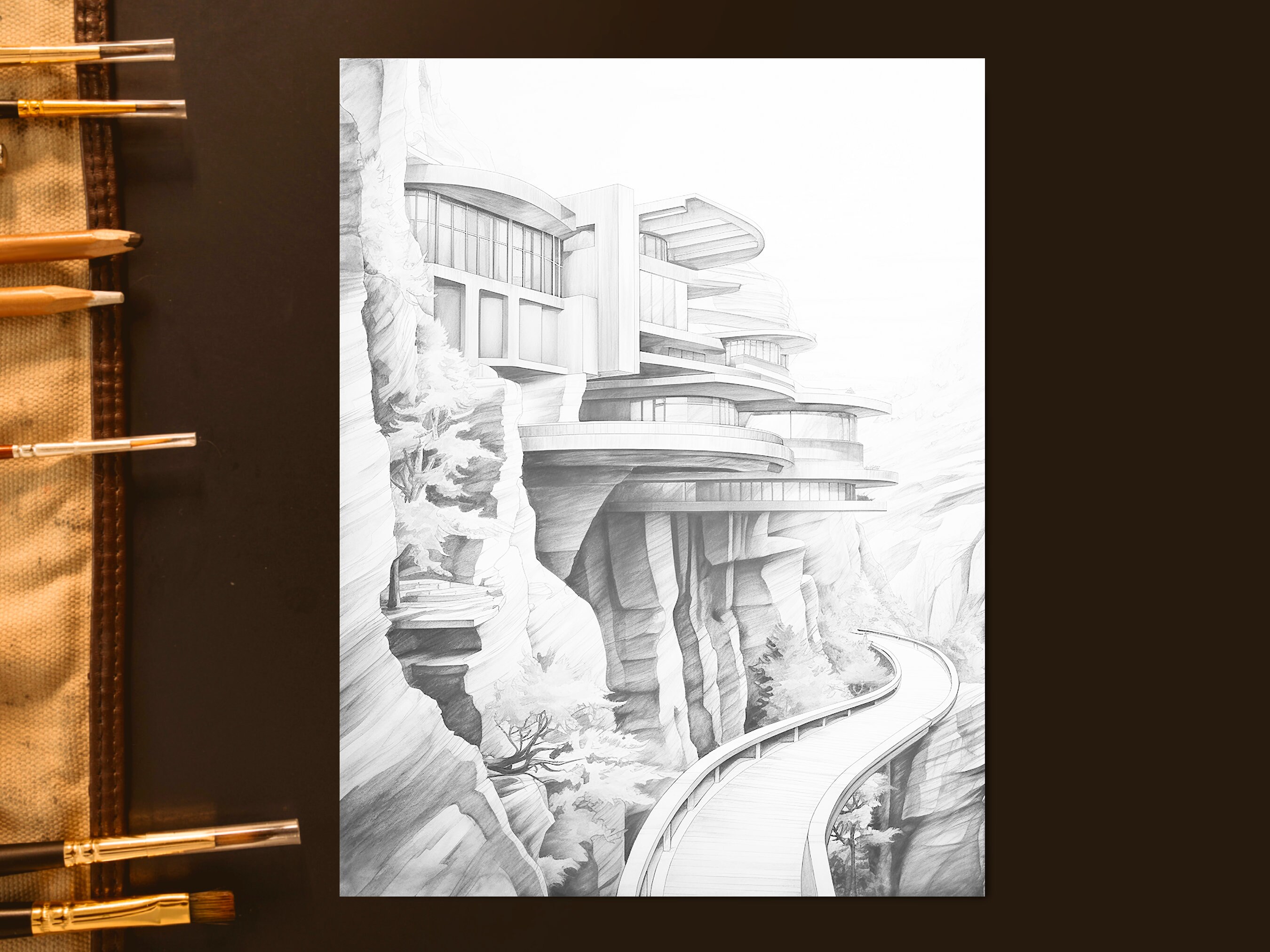 Modern Cliff Houses Adult Coloring Pages, Nature Landscape Grayscale ...