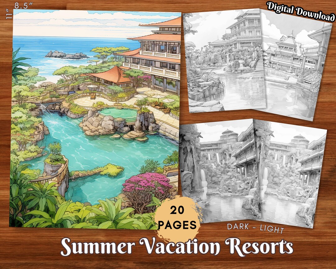 Summer Vacation Resorts Adult Coloring Book Beautiful Landscapes ...