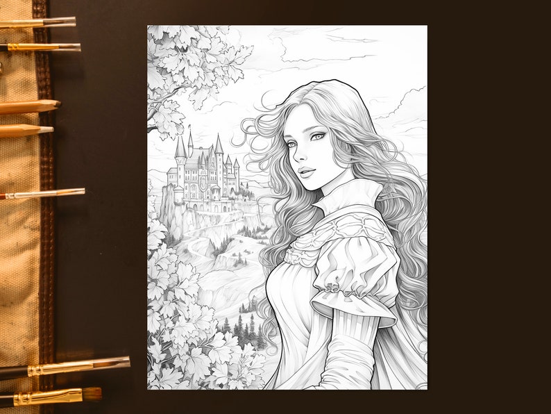 Medieval Women Adult Coloring Pages, Beautiful Girls Grayscale Coloring ...