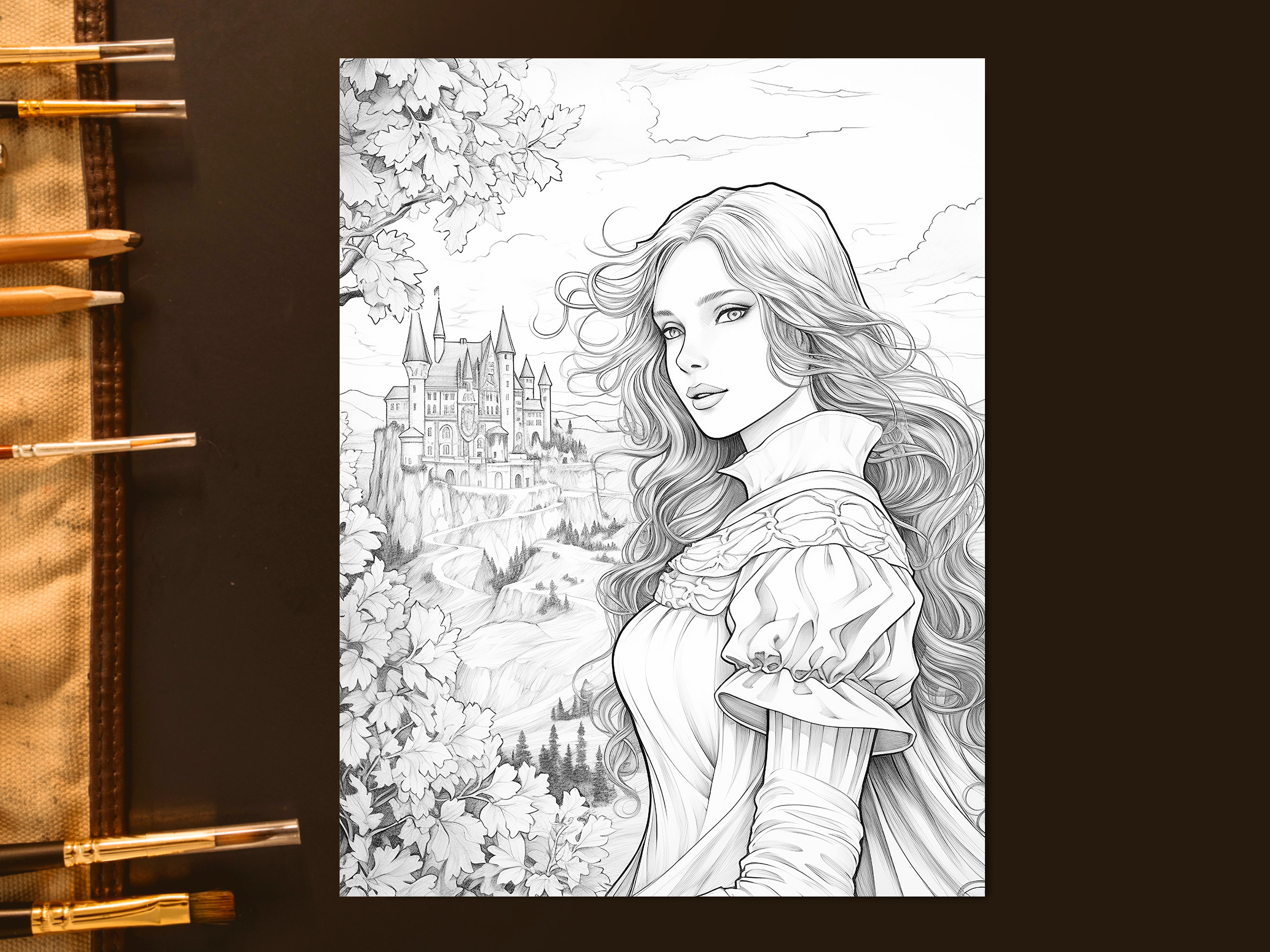 Medieval Women Adult Coloring Pages, Beautiful Girls Grayscale Coloring ...