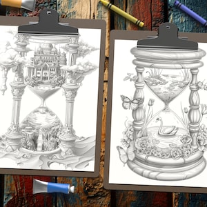 Magical Hourglasses Adult Coloring Pages, Whimsical Landscapes ...