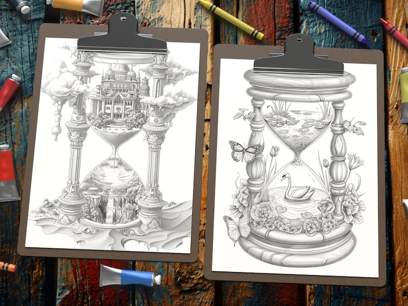 Magical Hourglasses Adult Coloring Pages, Whimsical Landscapes ...
