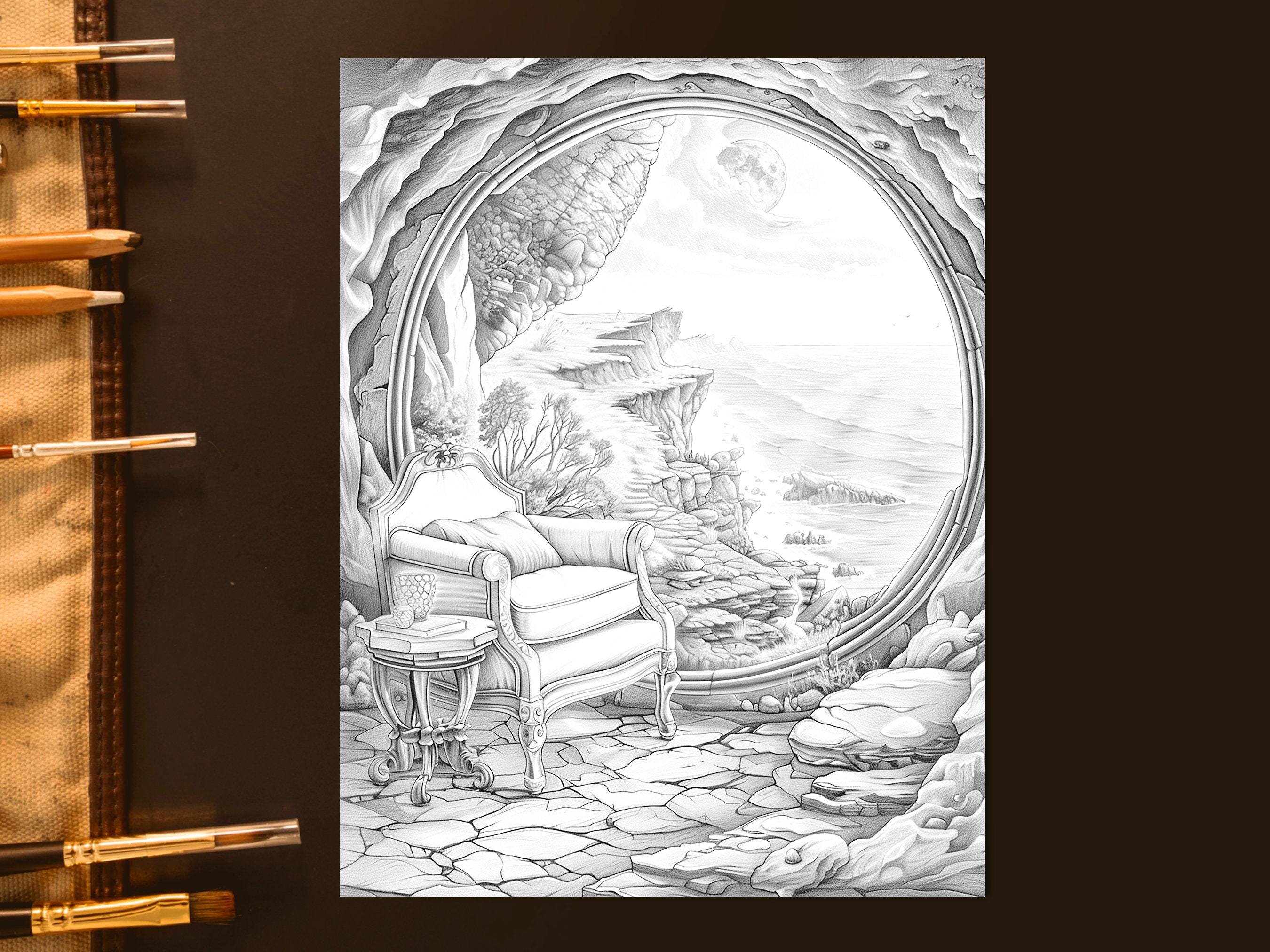 Fantasy Rooms Adult Coloring Pages, Enchanted Interior Grayscale ...