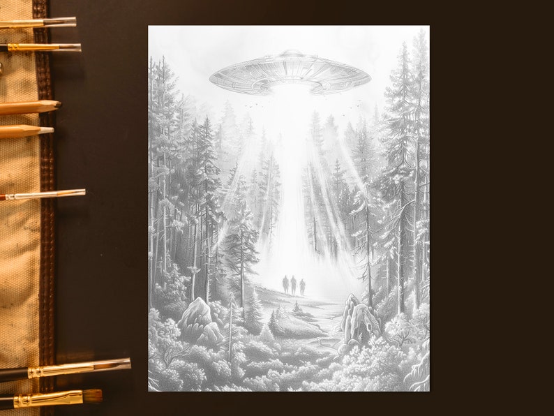 UFO Adult Coloring Pages, Science Fiction Ufos Landscape Grayscale ...