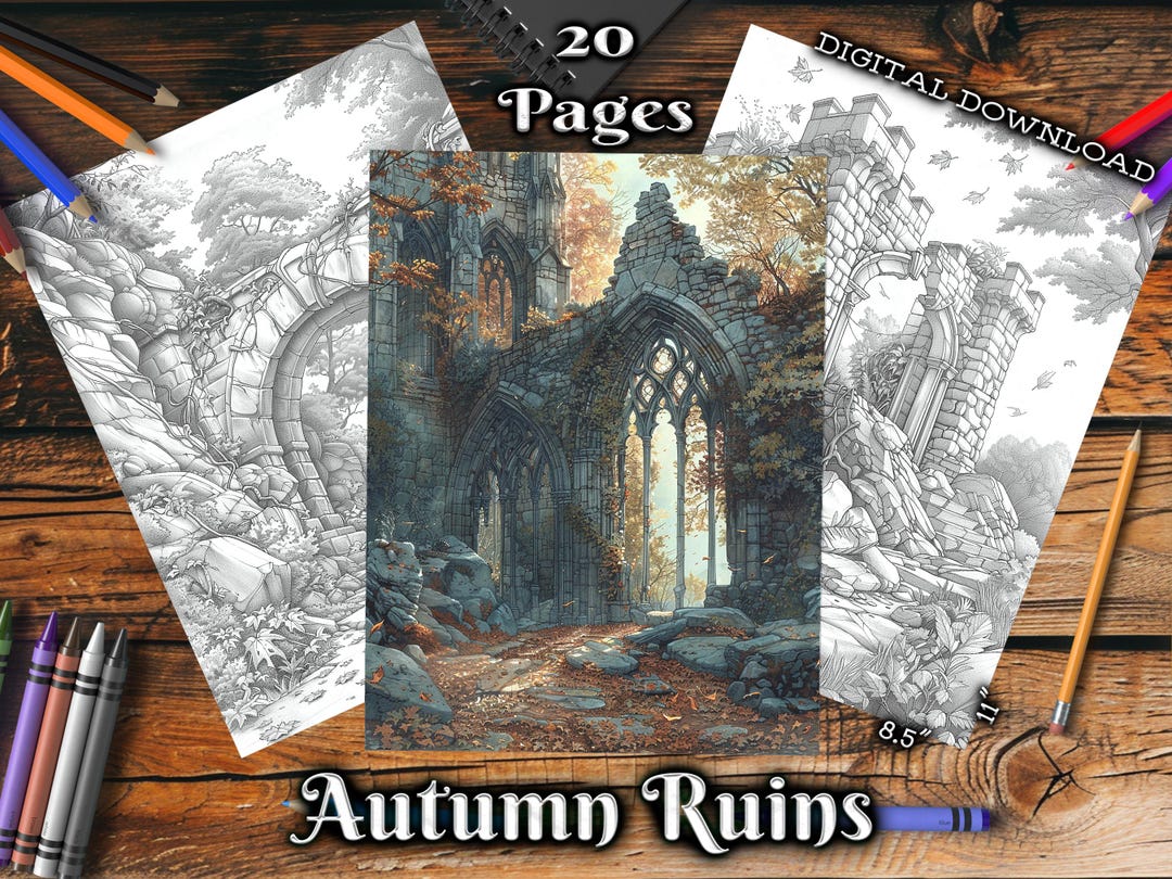 Autumn Ruins Adult Coloring Pages, Overgrown Stone Buildings in Fall ...