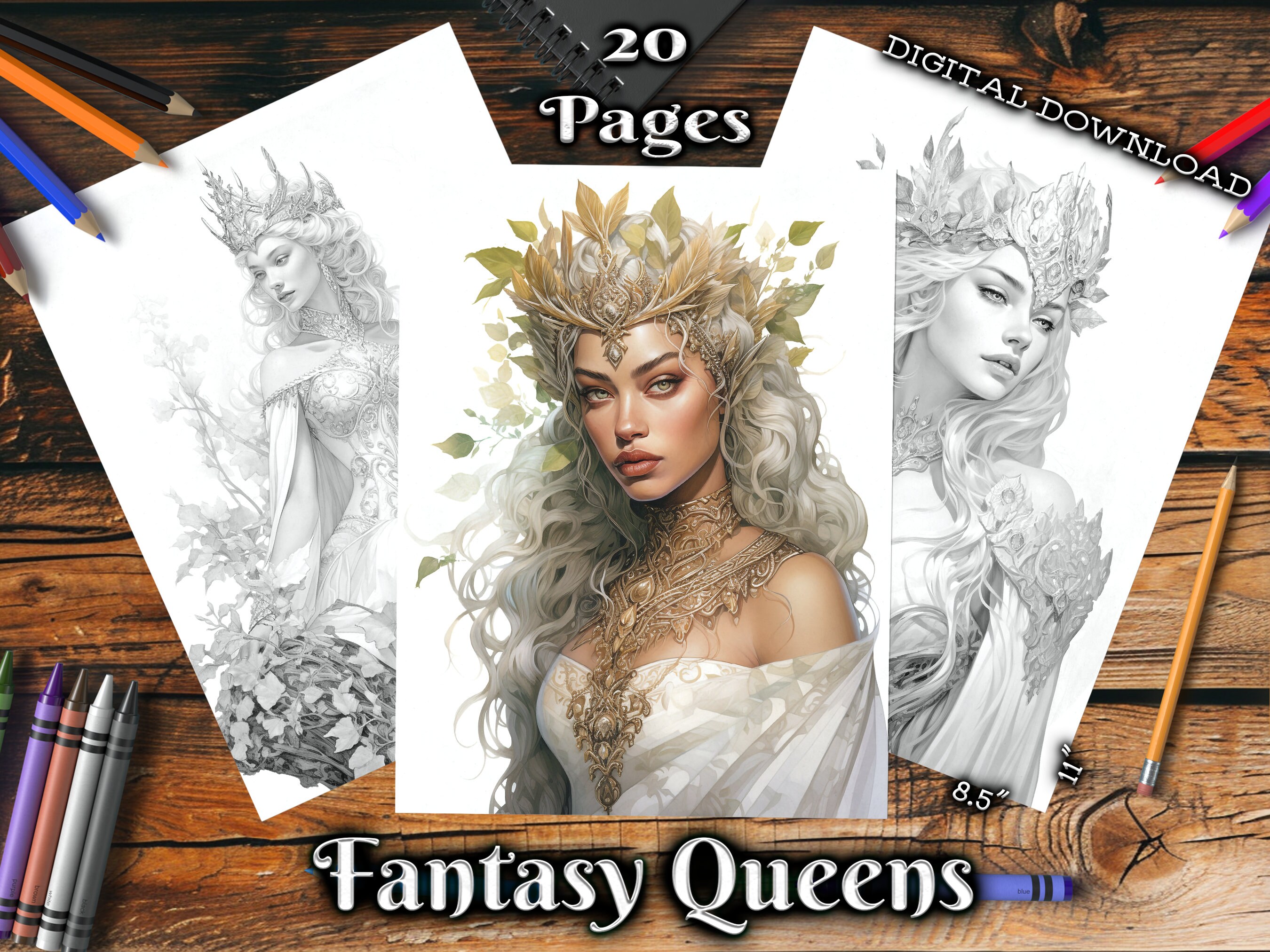 Fantasy Queens Adult Coloring Pages, Beautiful Women Portraits ...