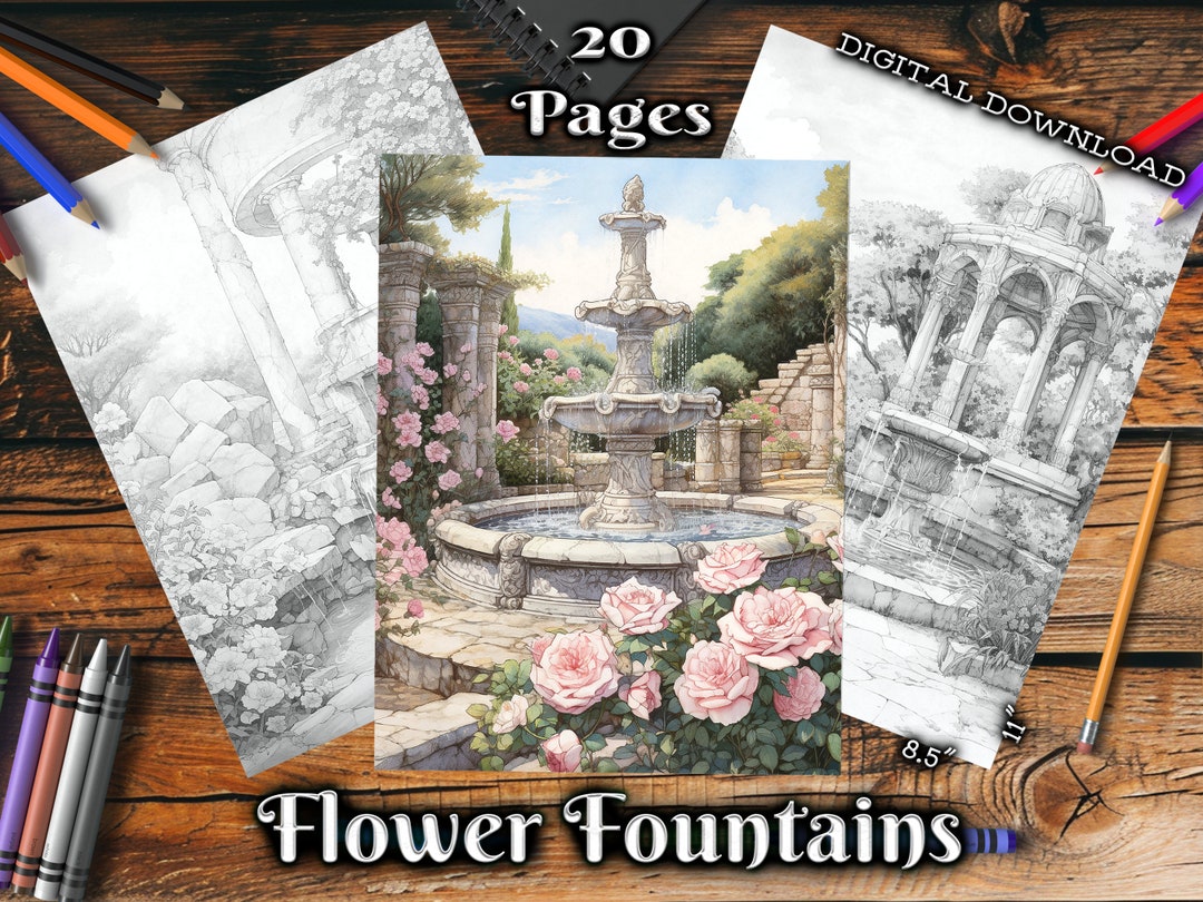 Flower Fountains Adult Coloring Pages, Beautiful Landscapes Grayscale ...