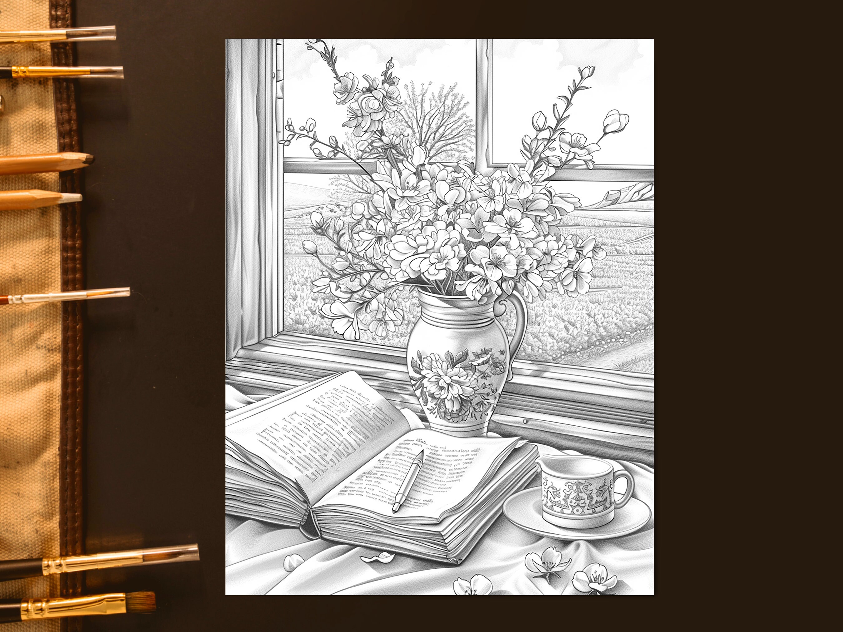 Spring Still Life Adult Coloring Book Beautiful Flowers Grayscale ...