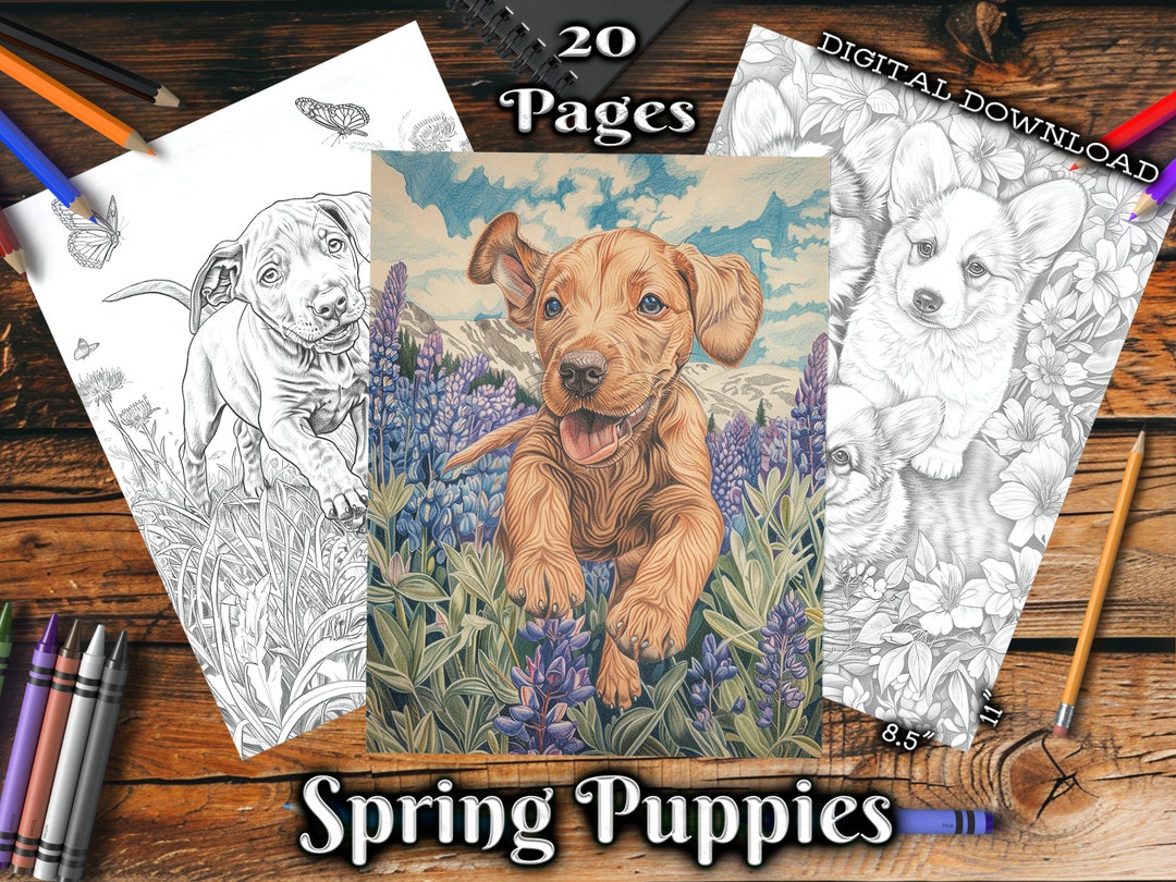 Spring Puppies Adult Coloring Pages, Adorable Pets Grayscale Coloring ...