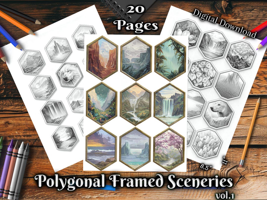 Grayscale Coloring Pages - Download, Print and Color - Polygonal Framed ...