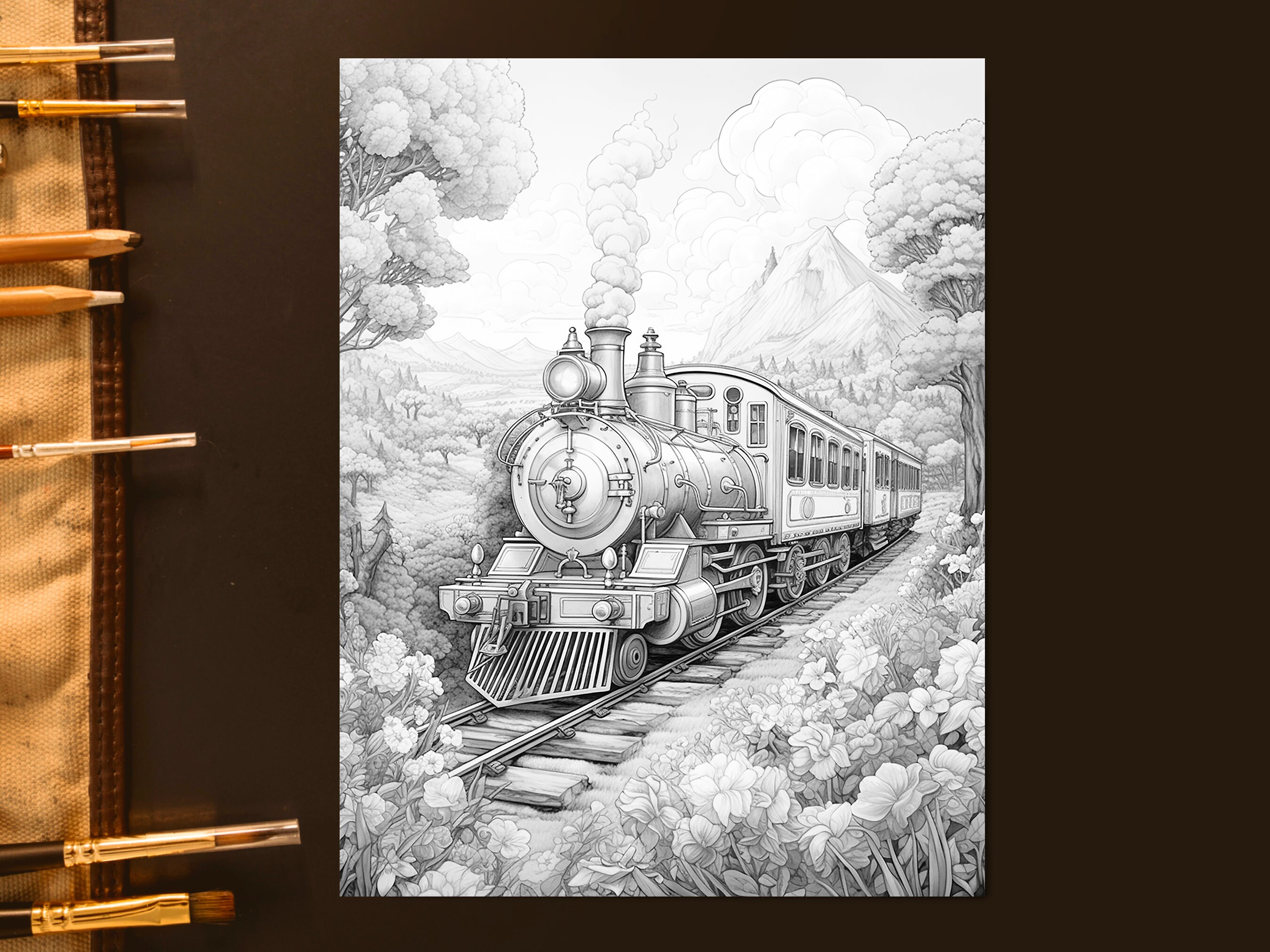 Trains Adult Coloring Book Beautiful Scenery Grayscale Coloring Page ...