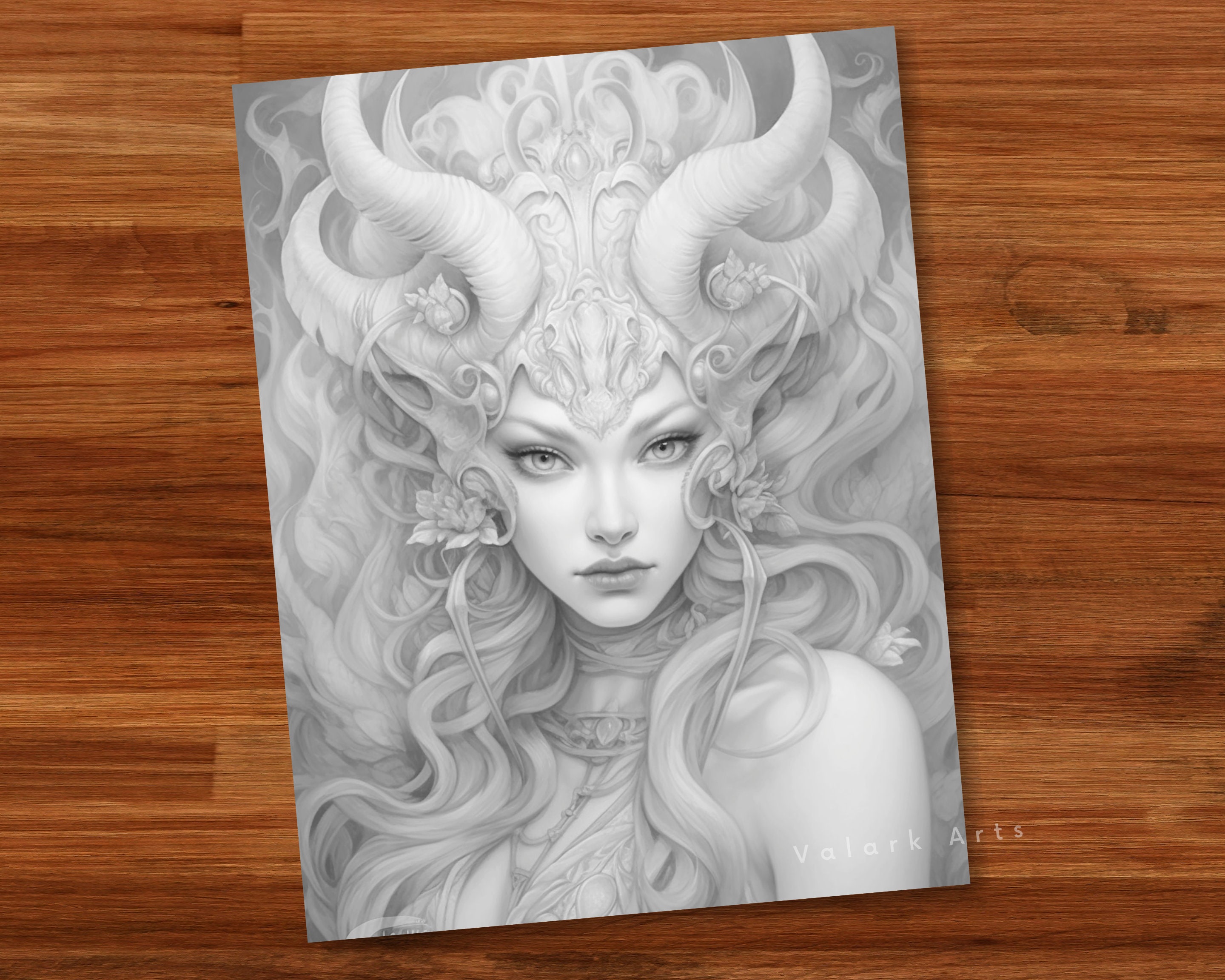 Beautiful Female Demons Adult Coloring Book Grayscale Coloring Page ...