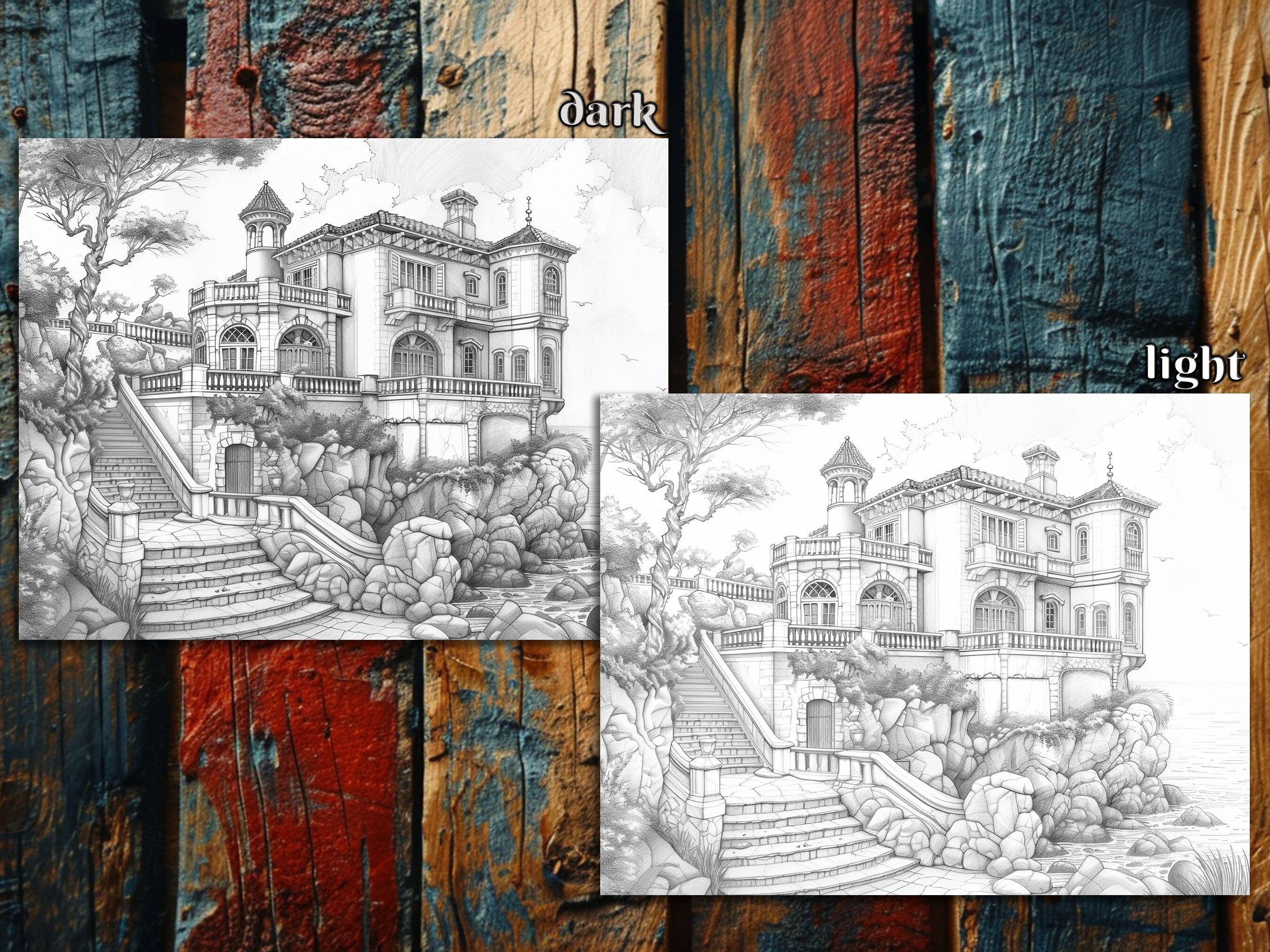 Summer Houses Adult Coloring Pages, Beach Cottages Grayscale Coloring ...