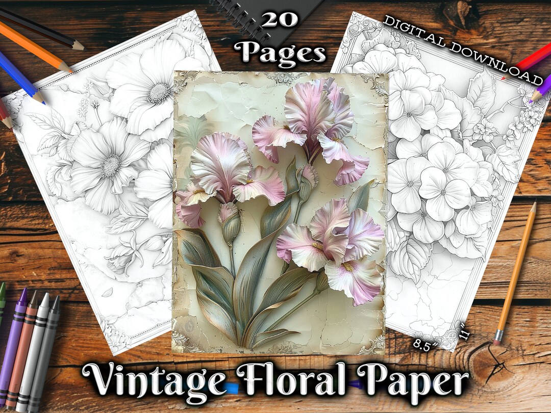 Vintage Floral Paper Adult Coloring Pages, Flower Bouquets Grayscale ...