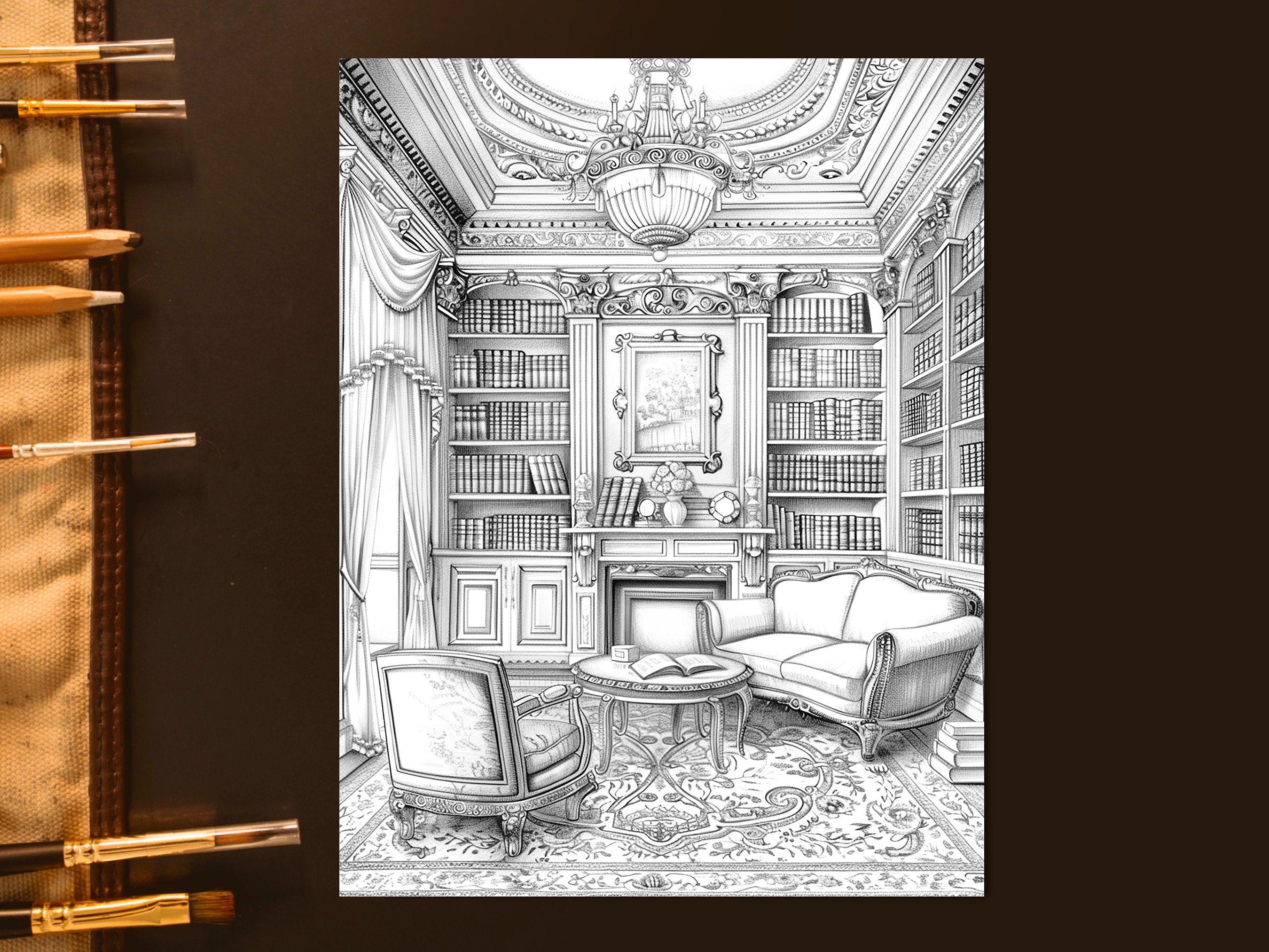 Antique Libraries Adult Coloring Pages, Medieval Rooms Grayscale ...