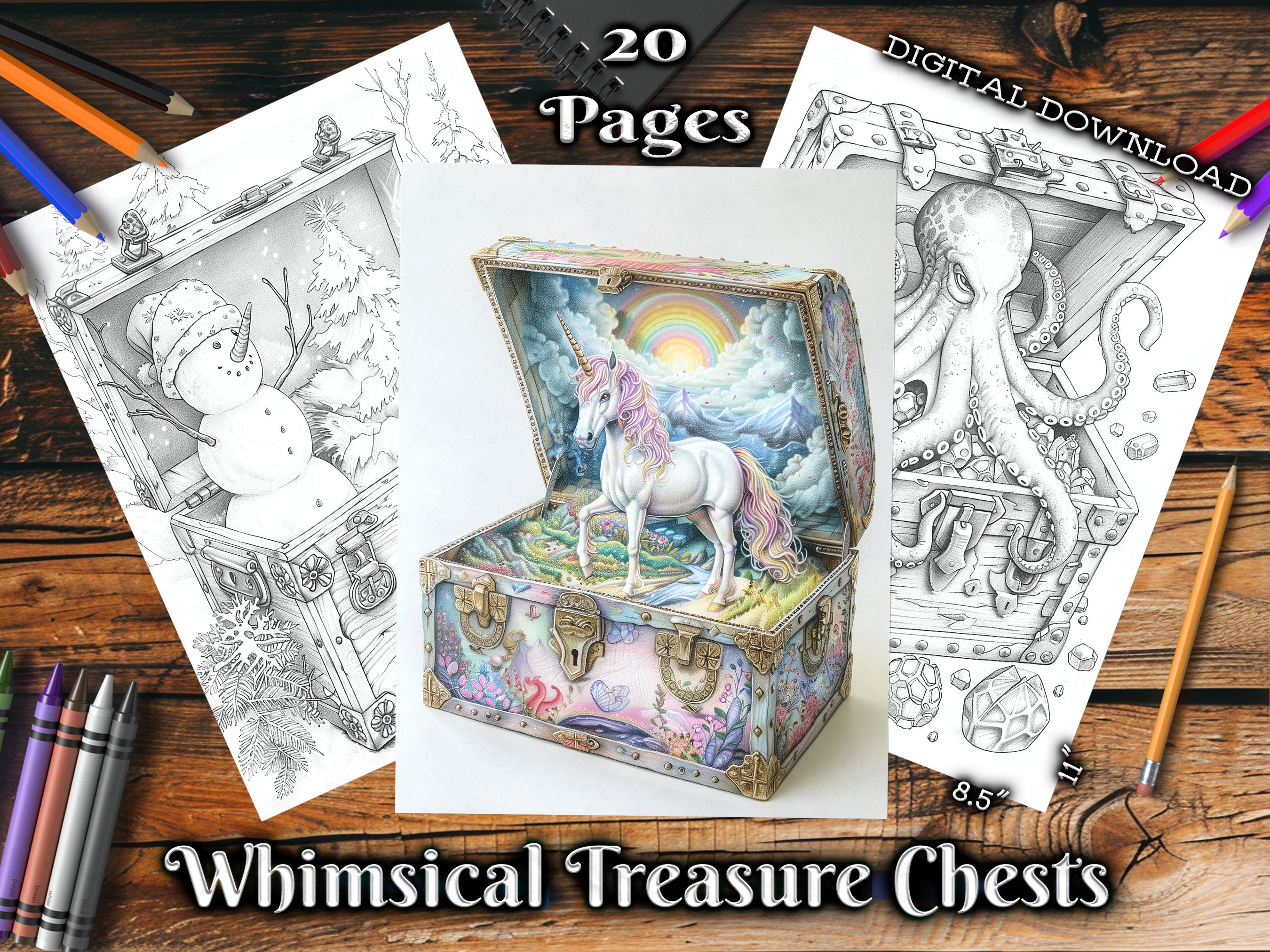 Whimsical Treasure Chests Adult Coloring Pages, Magical Worlds and Landscape Grayscale Coloring ...