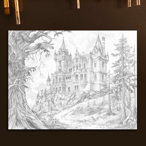 Medieval Castles Adult Coloring Pages Massive Buildings Grayscale ...