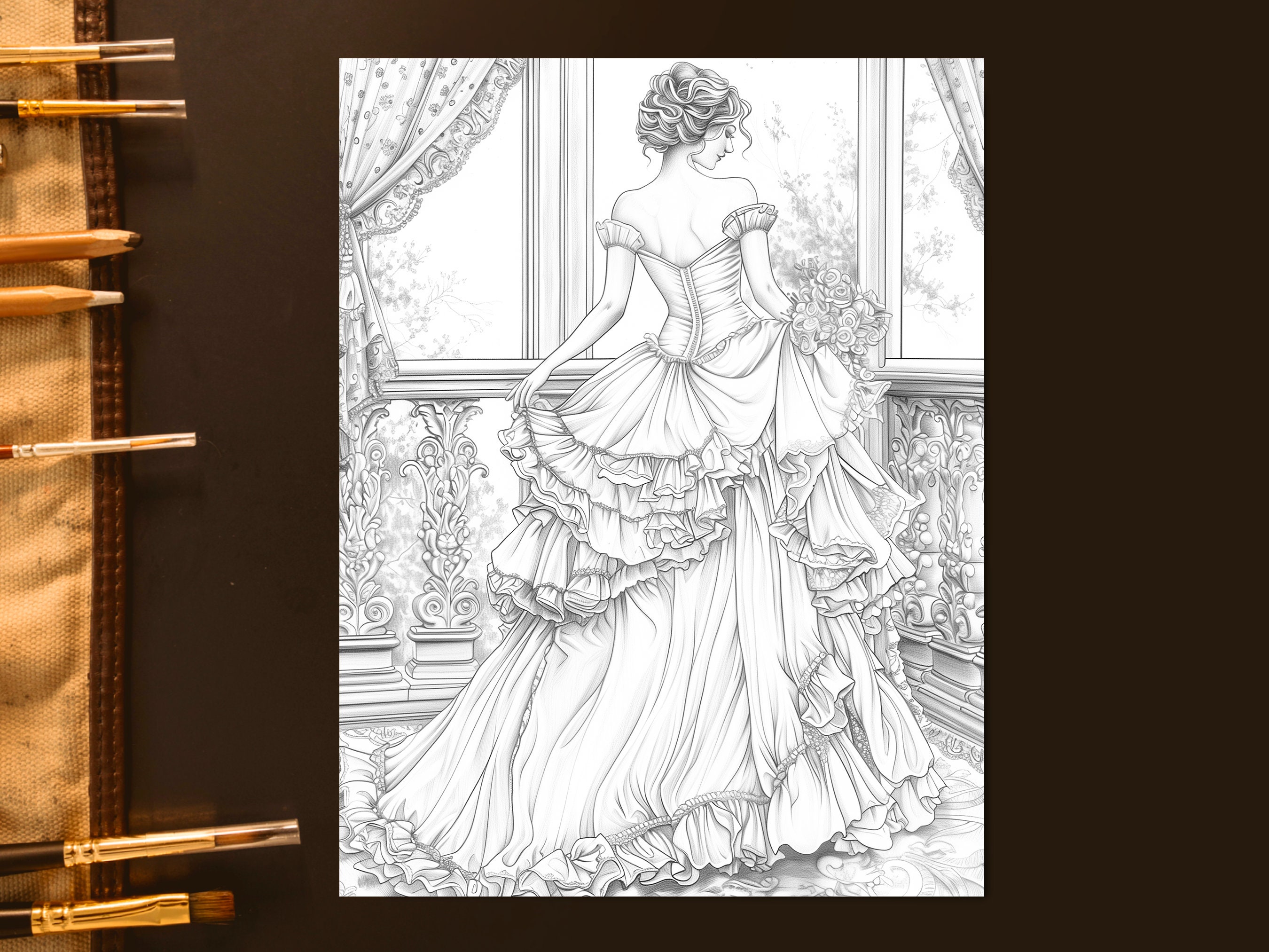 Dresses Coloring Pages, Grayscale Fashion Coloring Book, Digital ...