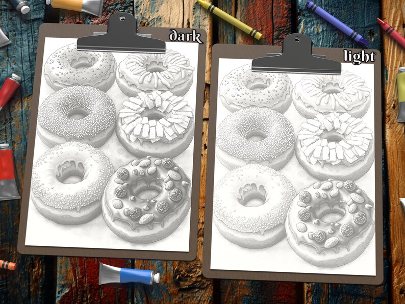 Grayscale Coloring Pages - Download, Print and Color - Colorful Donuts, Printable Sweets ...