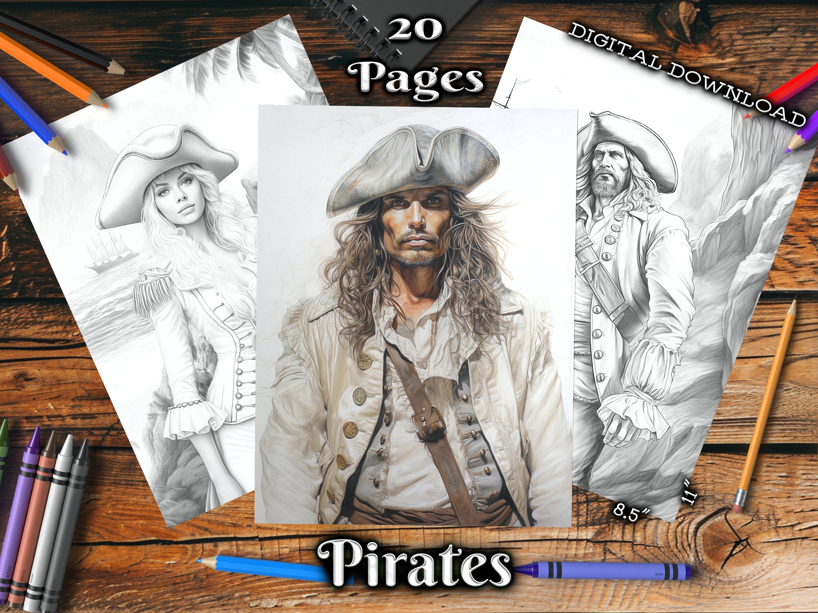 Pirates Adult Coloring Pages Grayscale Portraits Coloring Book Medieval ...