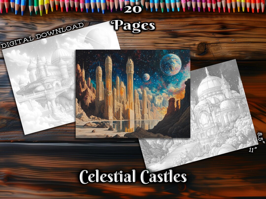 Celestial Castles Adult Coloring Pages, Sci-fi Grayscale Coloring Book ...