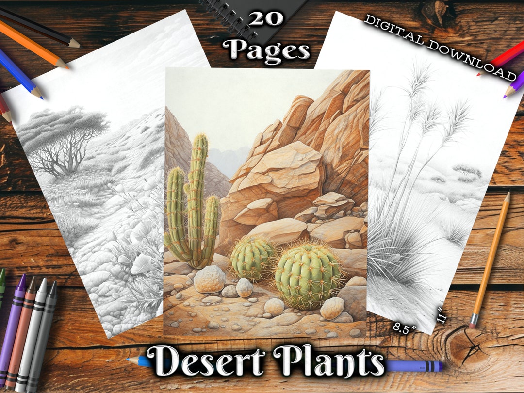 Desert Plants Adult Coloring Pages | Nature Landscapes Grayscale ...