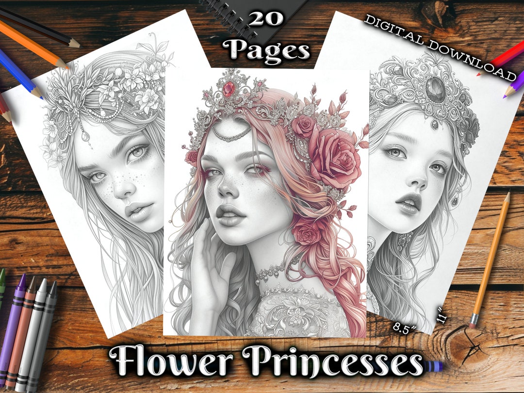 Flower Princesses Adult Coloring Pages Whimsical Women Grayscale ...
