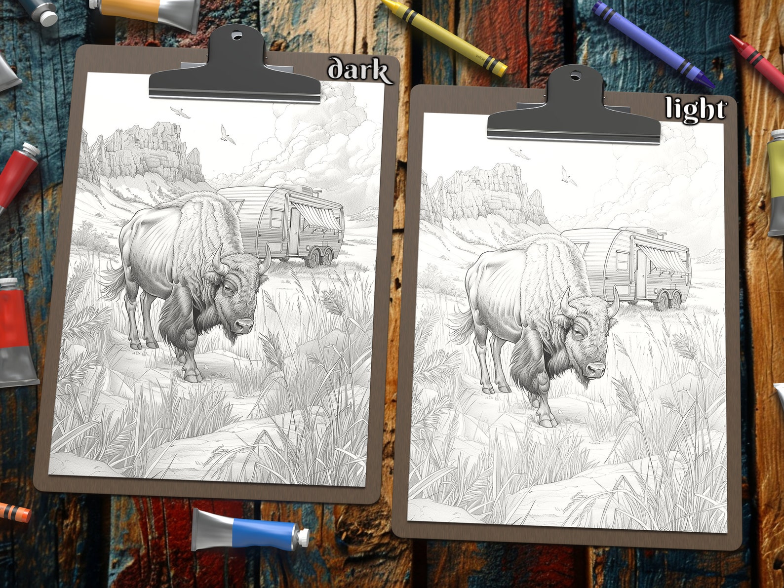 Camping Life Adult Coloring Pages, Nature Landscapes Grayscale Coloring ...