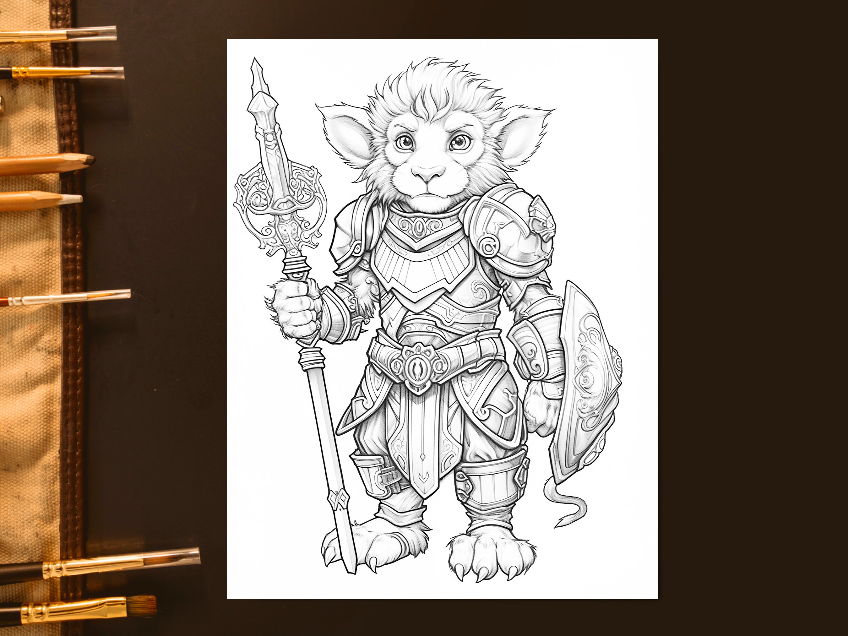 Animal Knights Adult Coloring Pages, Whimsical Grayscale Coloring Book ...