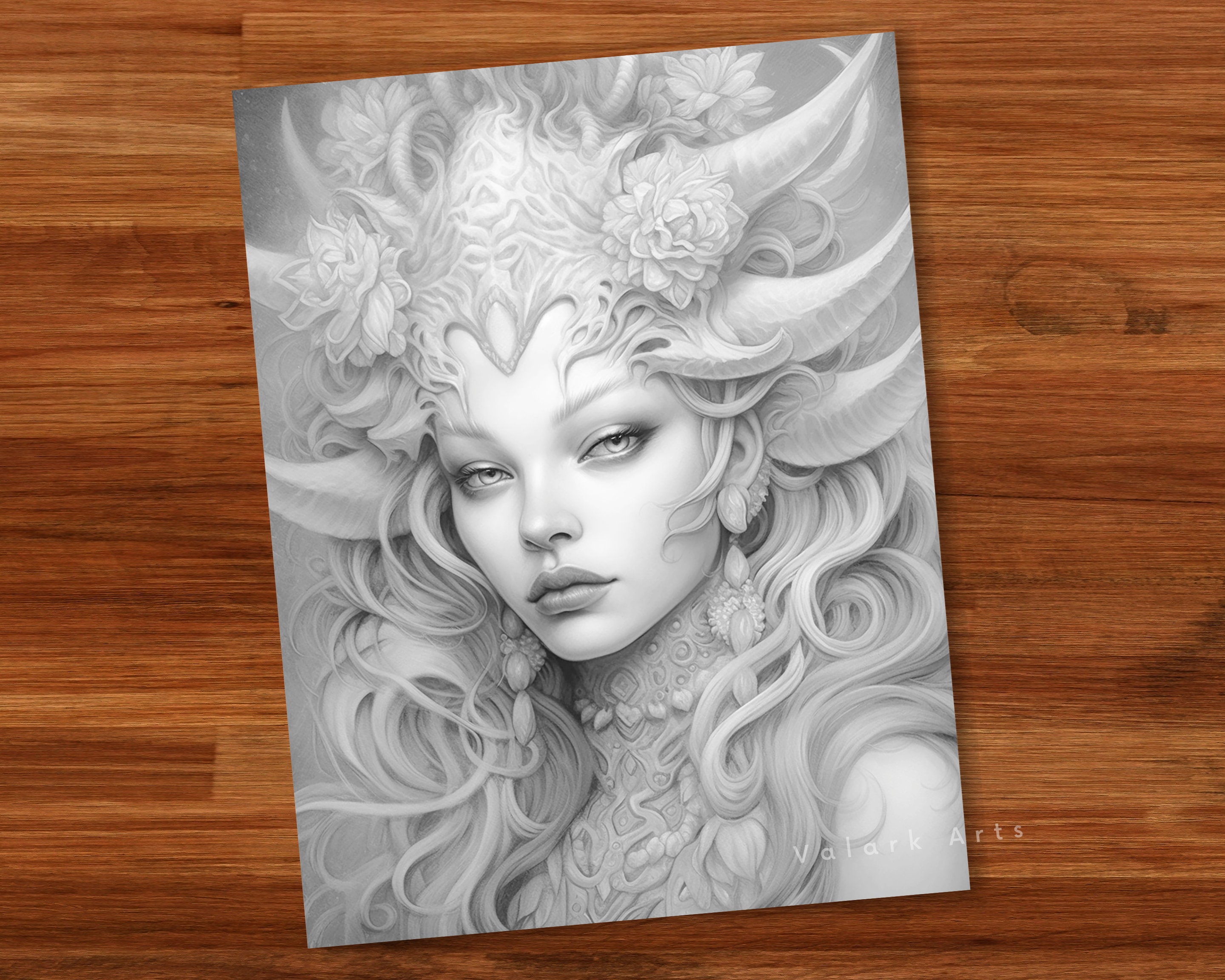 Beautiful Female Demons Adult Coloring Book Grayscale Coloring Page ...