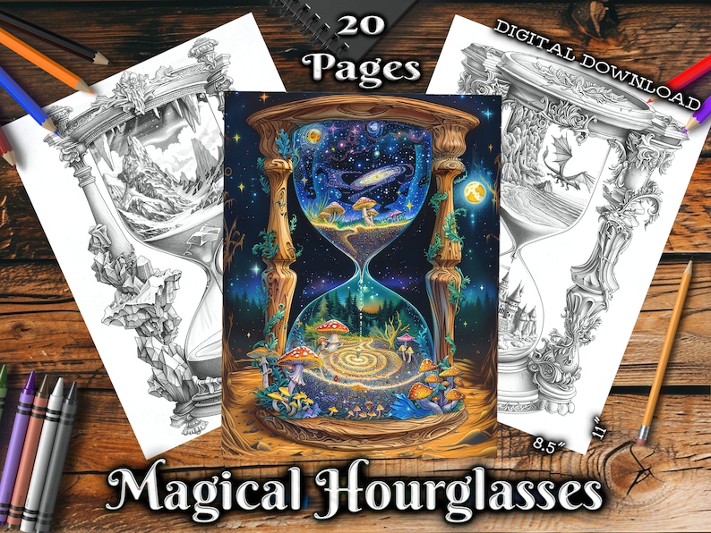 Magical Hourglasses Adult Coloring Pages, Whimsical Landscapes ...
