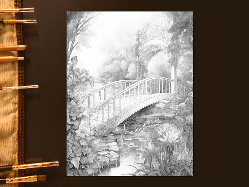 Enchanted Bridges Adult Coloring Pages Fantasy Landscapes Grayscale ...