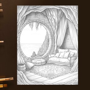 Fantasy Rooms Adult Coloring Pages, Enchanted Interior Grayscale ...