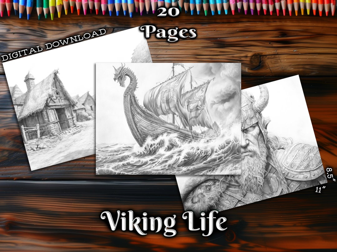 Viking Life Adult Coloring Pages, Nordic Antique Culture Grayscale ...