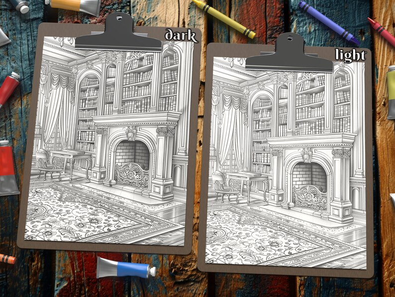 Antique Libraries Adult Coloring Pages, Medieval Rooms Grayscale ...