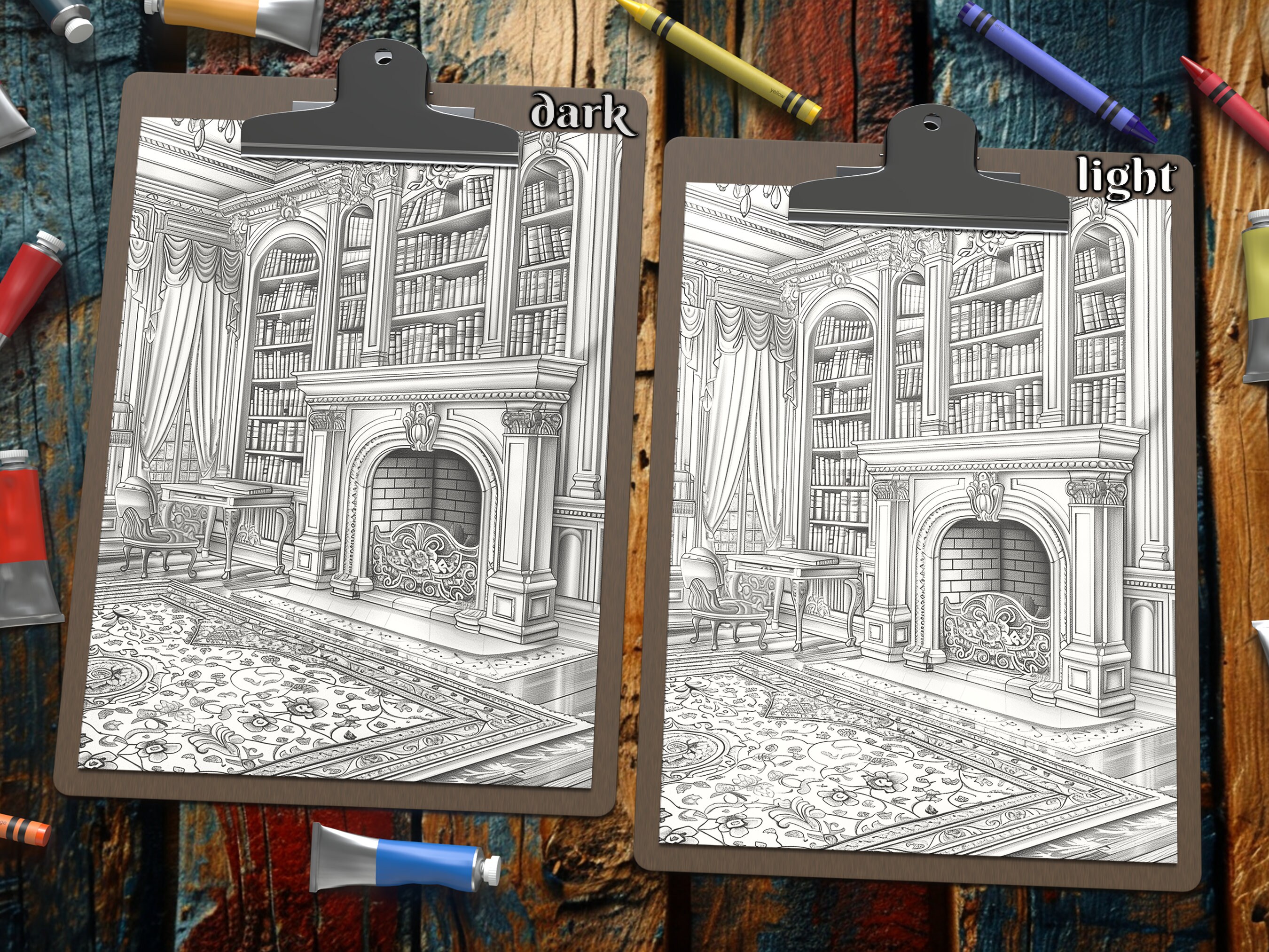 Antique Libraries Adult Coloring Pages, Medieval Rooms Grayscale ...