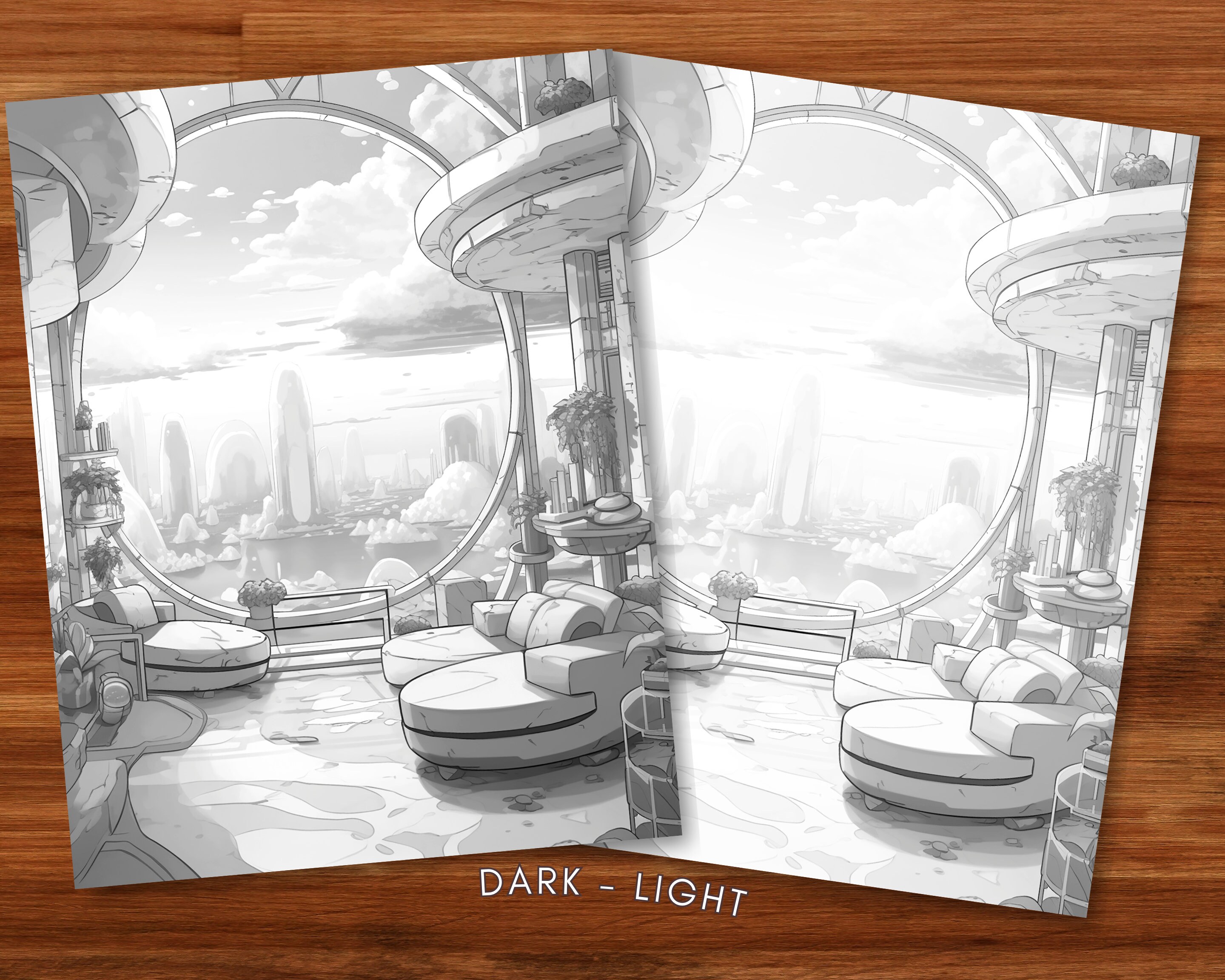 Sci-fi Rooms Adult Coloring Pages, Futuristic Landscape Grayscale ...