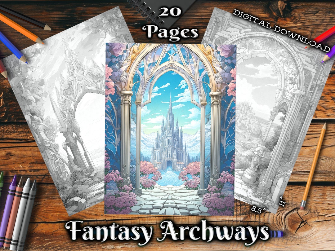 Fantasy Archways Adult Coloring Book Beautiful Landscapes Grayscale ...