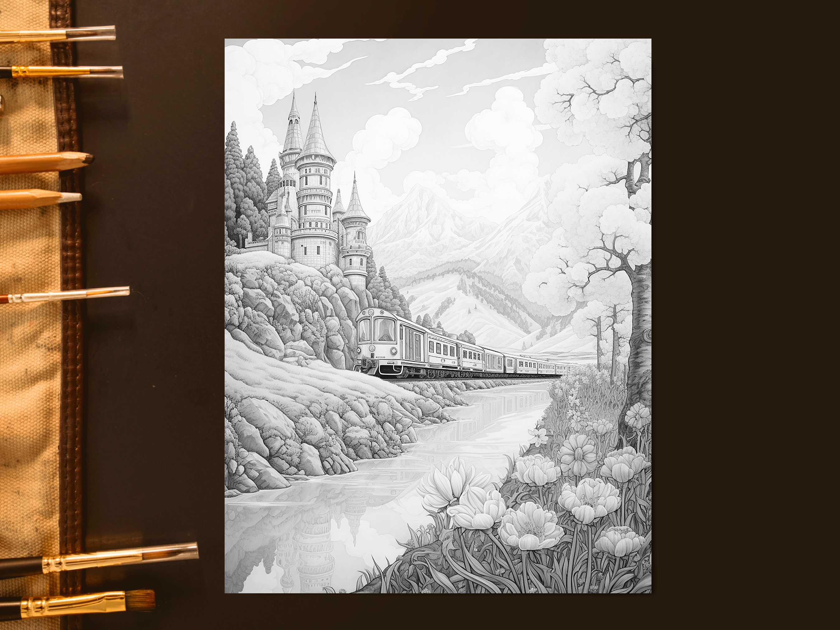 Trains Adult Coloring Book Beautiful Scenery Grayscale Coloring Page ...