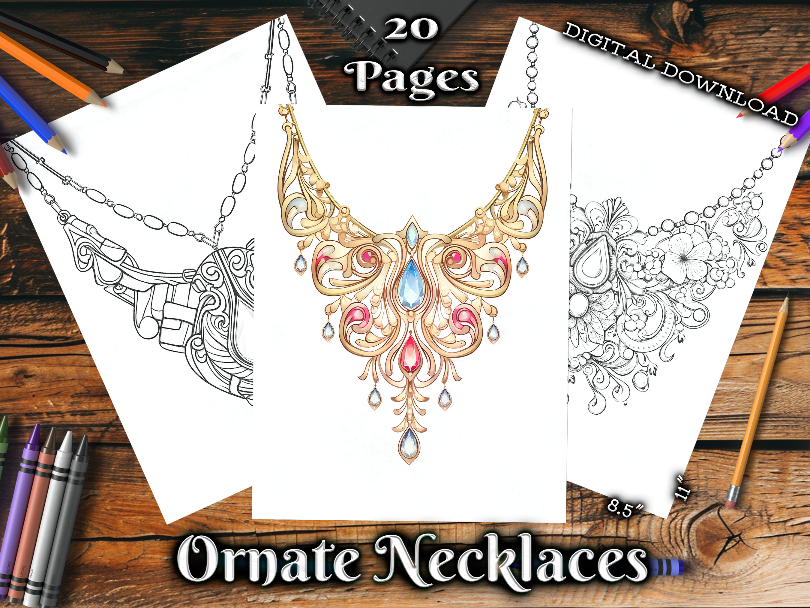 Ornate Necklaces Adult Coloring Pages Beautiful Jewelry Grayscale ...