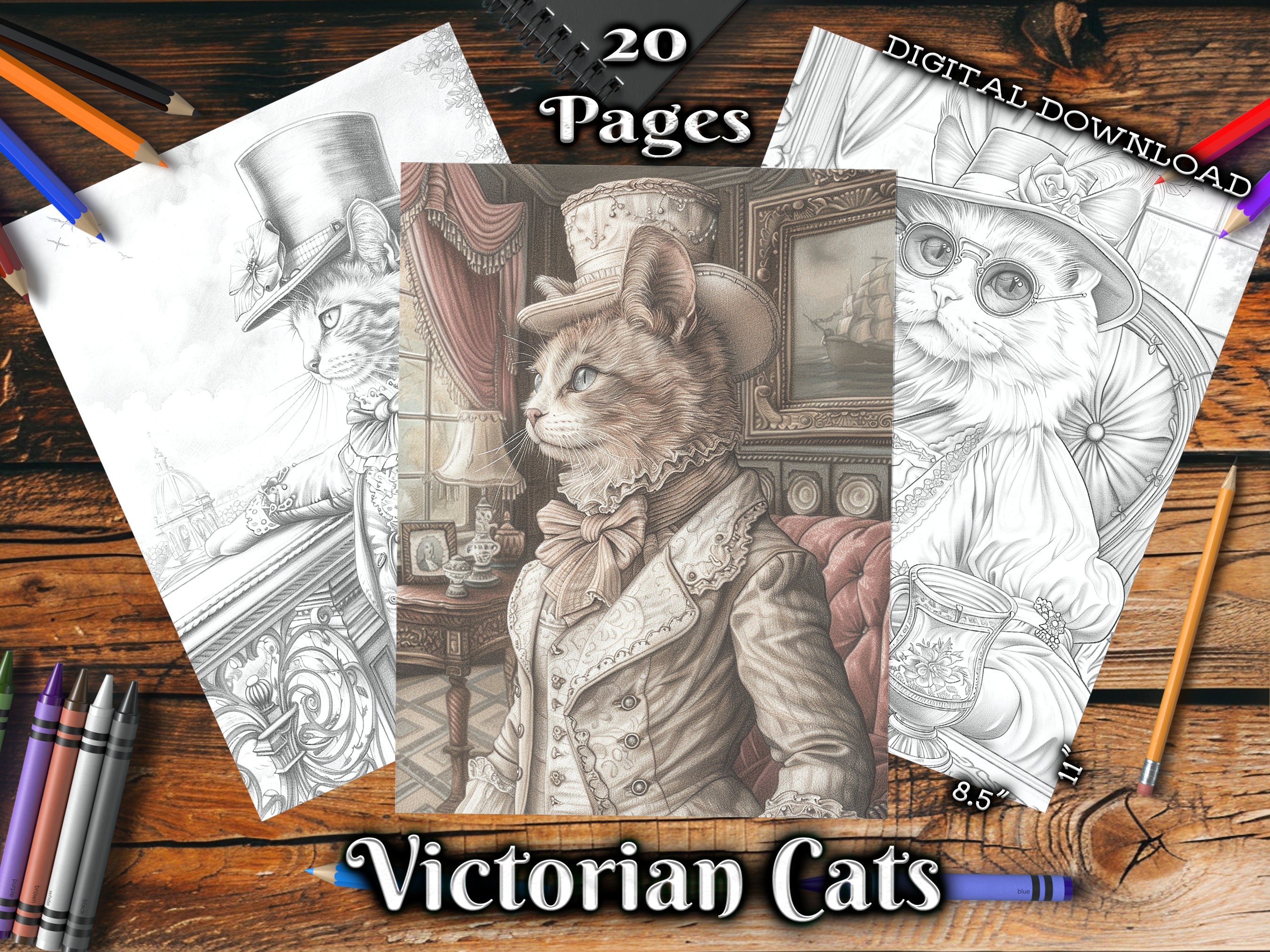 Victorian Cats Coloring Pages, Grayscale Whimsical Animal Portraits ...
