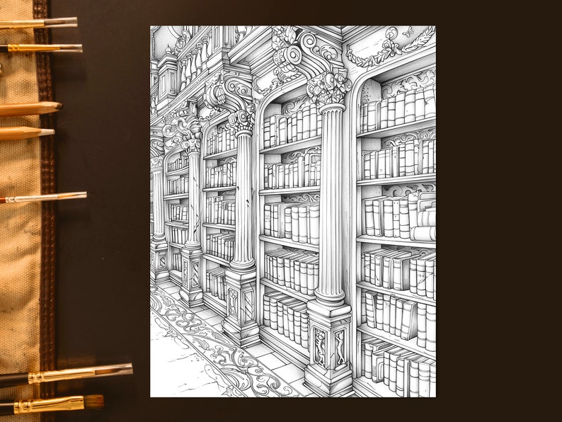 Antique Libraries Adult Coloring Pages, Medieval Rooms Grayscale ...