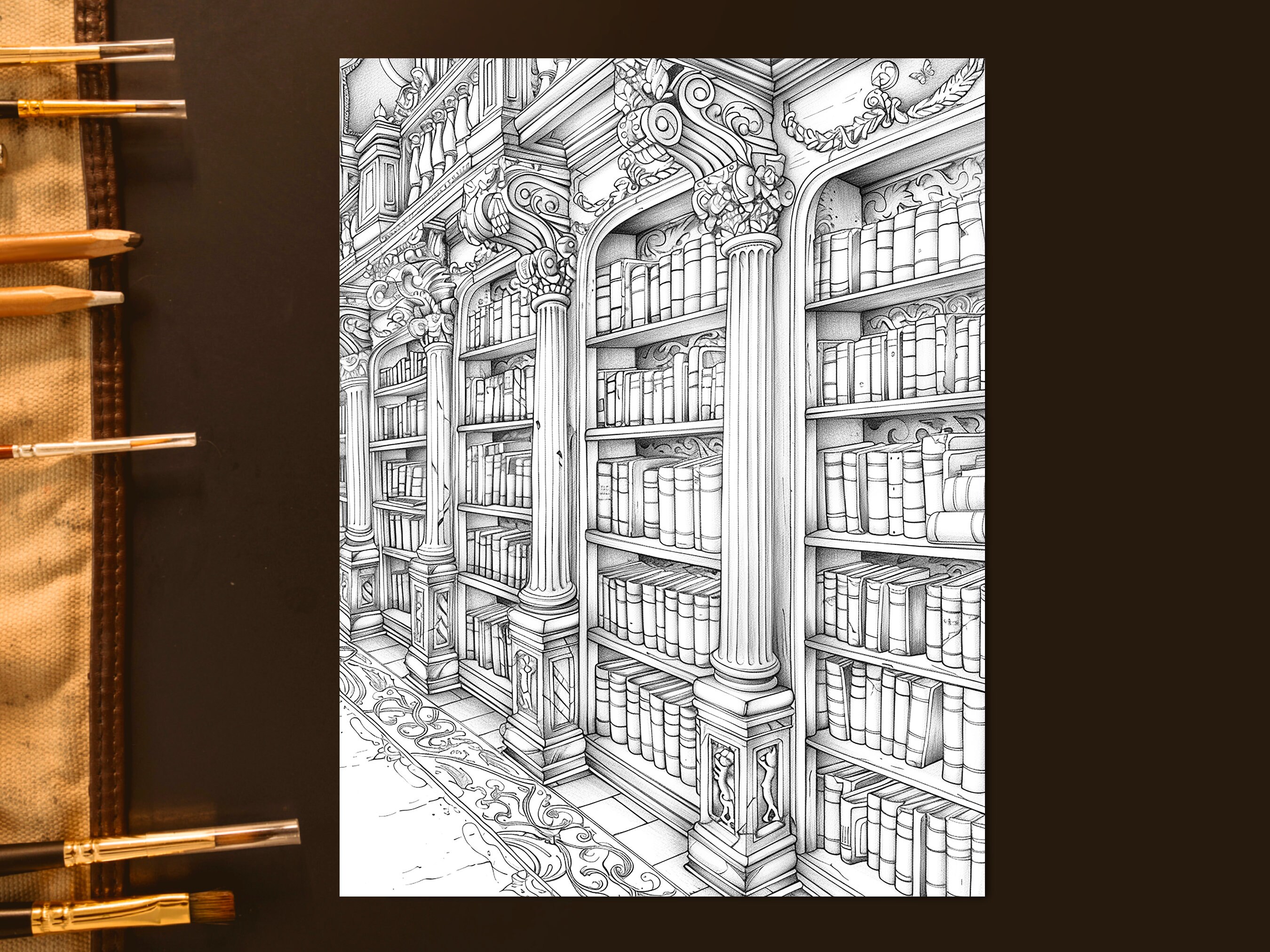 Antique Libraries Adult Coloring Pages, Medieval Rooms Grayscale ...