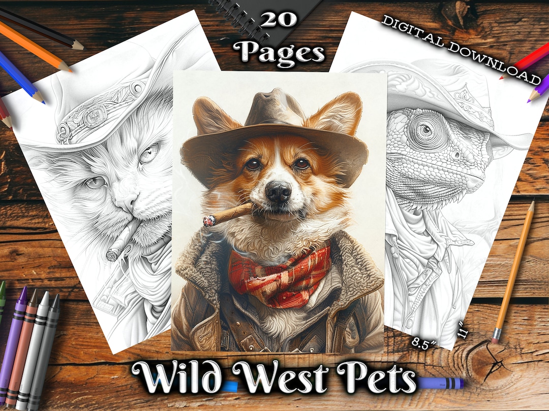 Wild West Pets Adult Coloring Pages, Cowboy Animals Grayscale Coloring ...