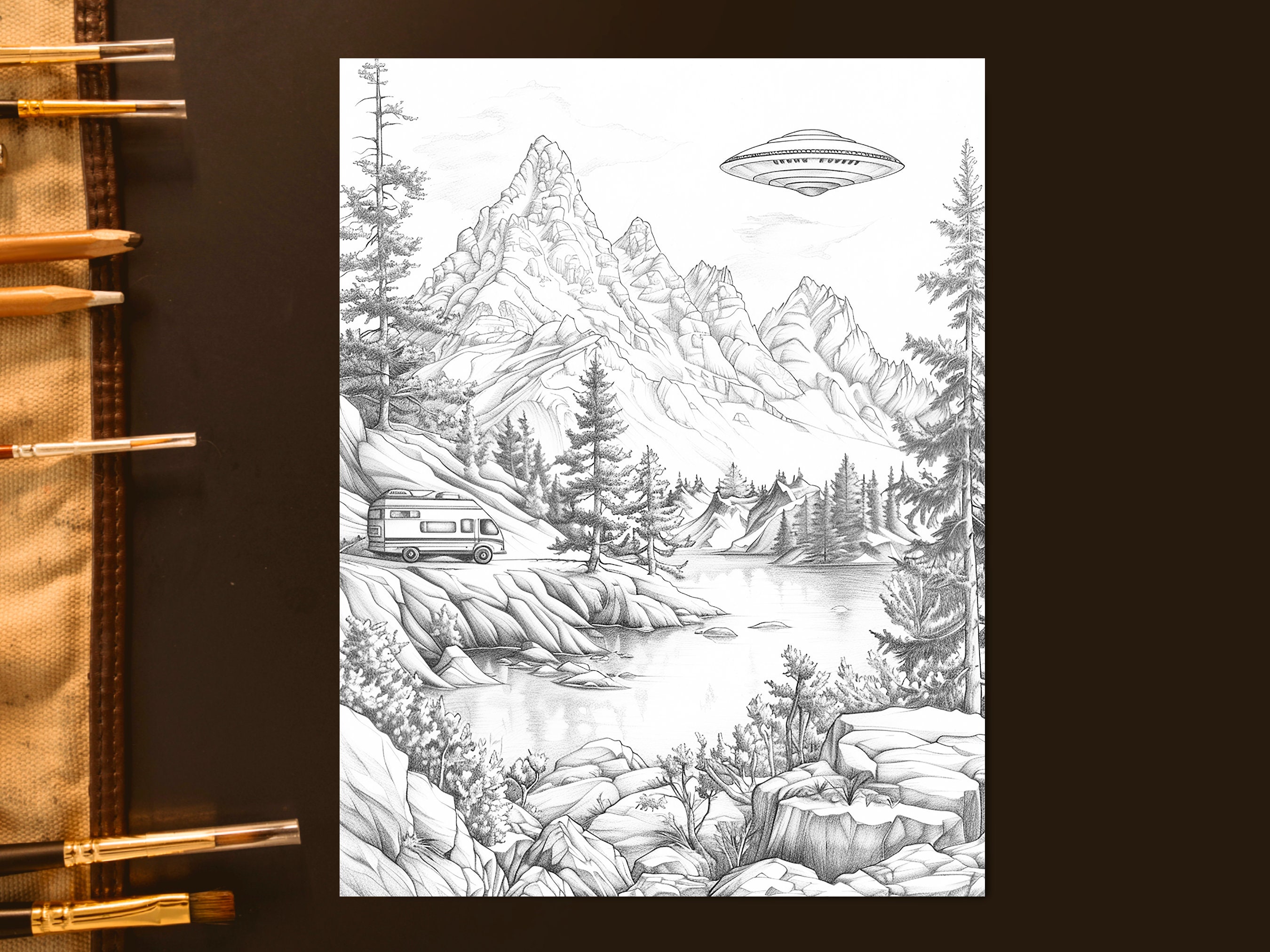 UFO Adult Coloring Pages, Science Fiction Ufos Landscape Grayscale ...