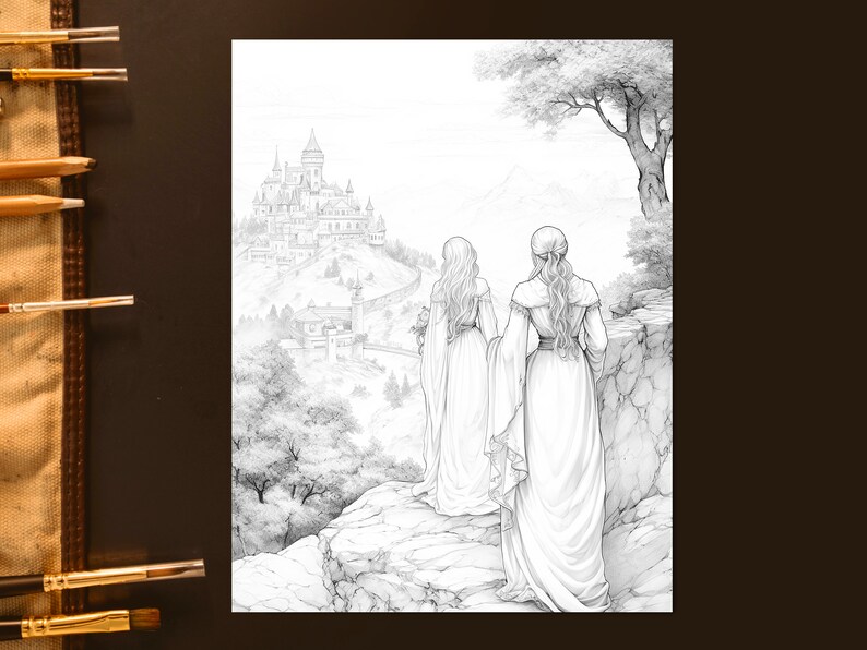 Medieval Women Adult Coloring Pages, Beautiful Girls Grayscale Coloring ...