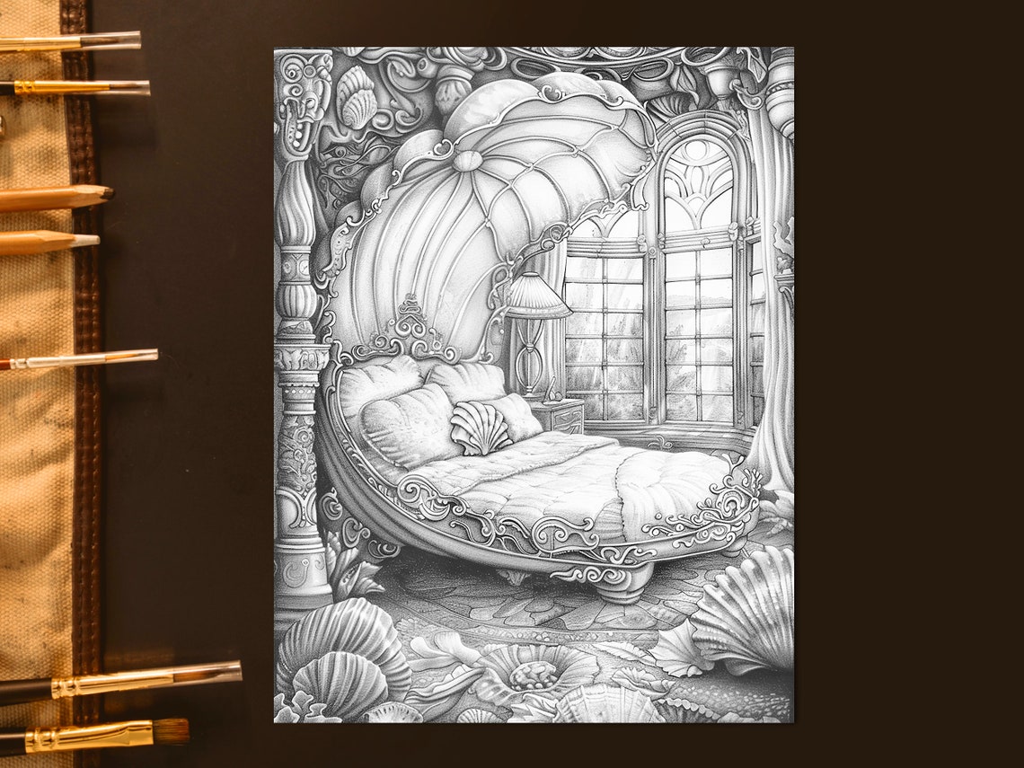 Mermaid Magical Rooms Adult Coloring Pages, Enchanted Interior ...